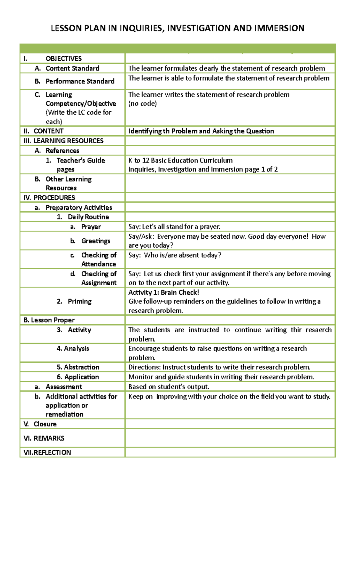 9 - Lesson Plans for Inquiries, Investigation & Immersion - Studocu