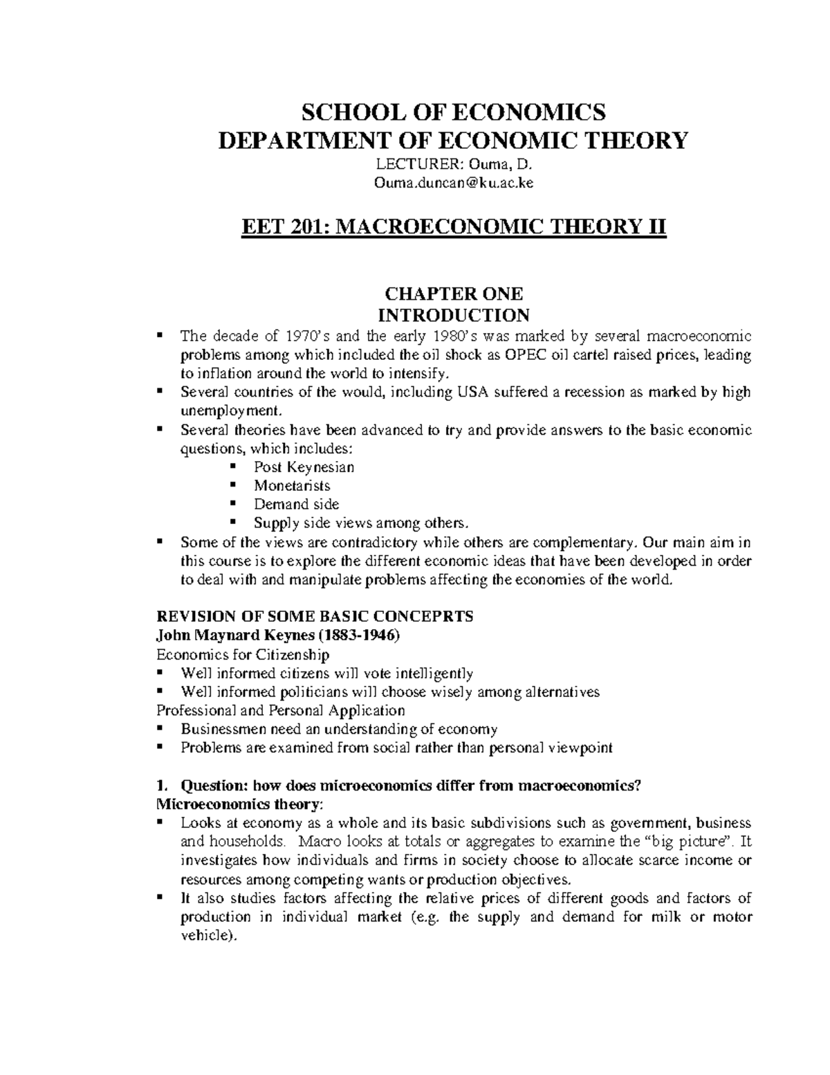 EET 201, Notes - Fine copy - SCHOOL OF ECONOMICS DEPARTMENT OF ECONOMIC ...