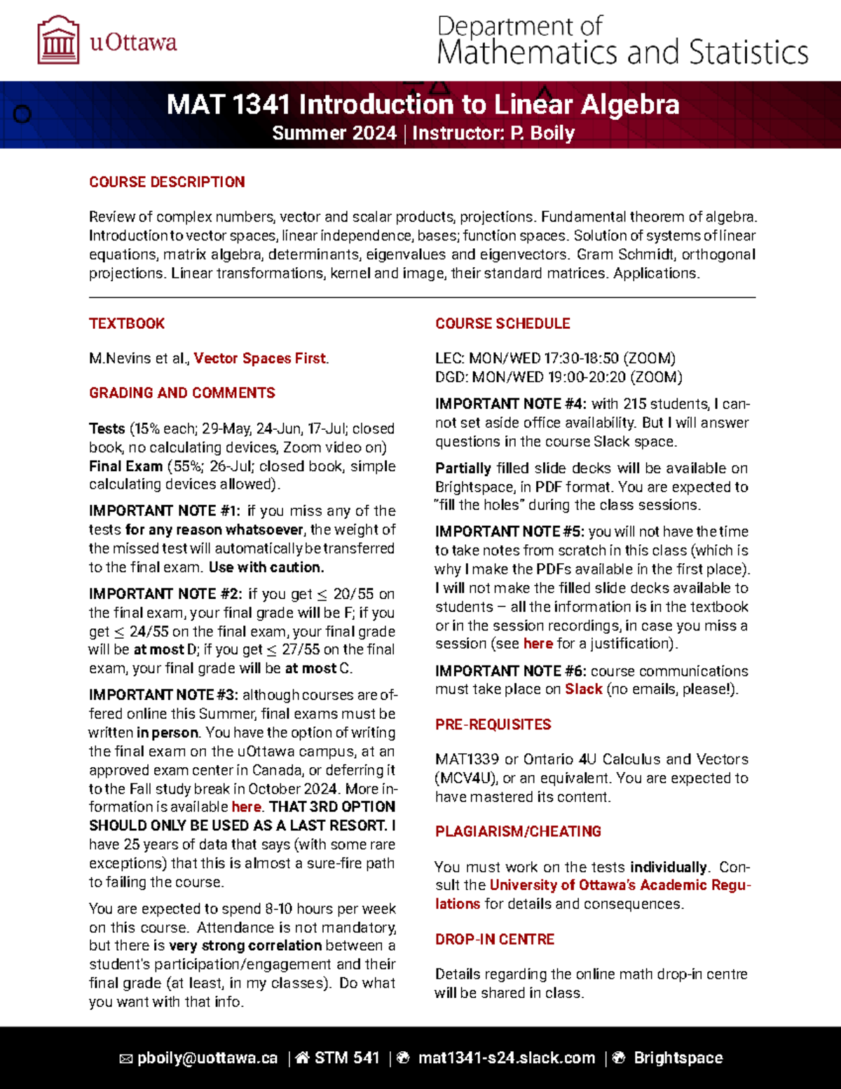 MAT1341 - Summer 2024 Course Outline: Introduction to Linear Algebra - Studocu