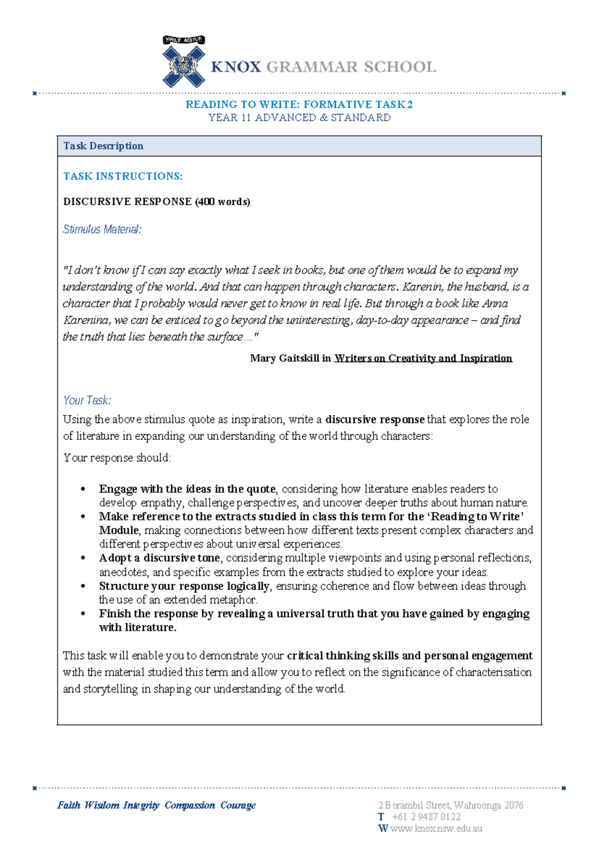 Yr 11 Adv Std AT1 Formative 2: Discursive Response on Literature's Role ...