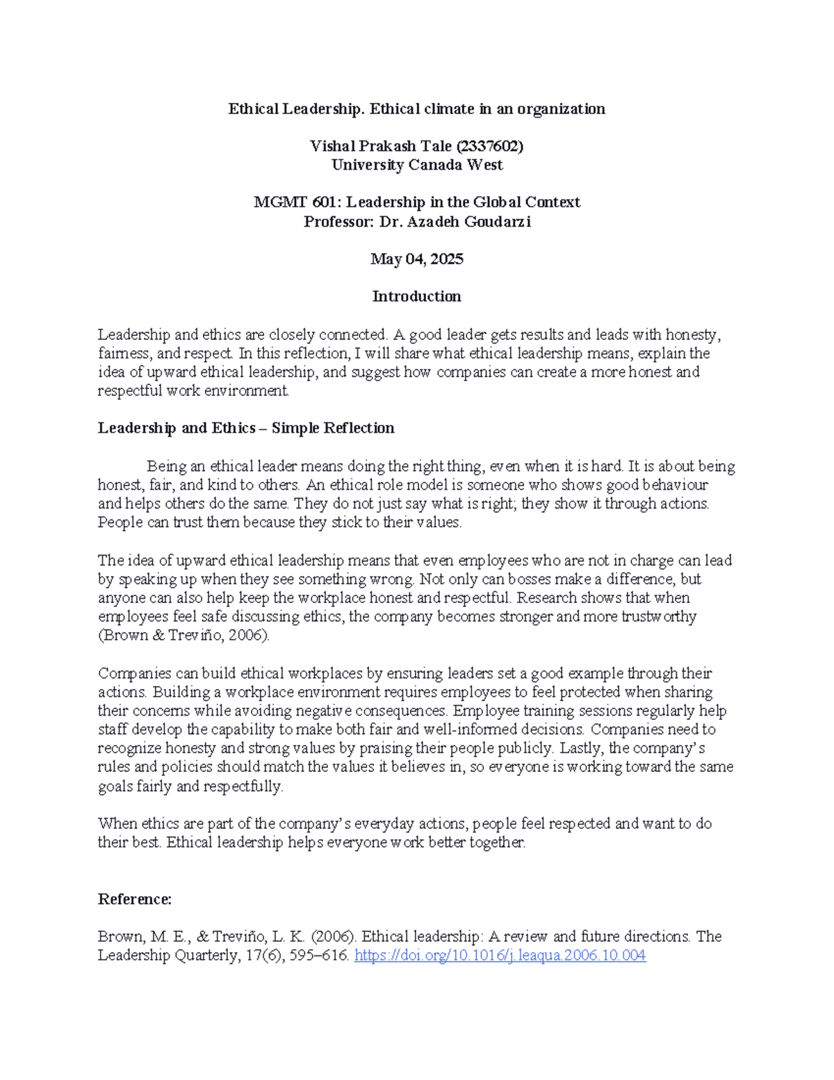 MGMT 601: Ethical Leadership Reflection and Workplace Integrity - Studocu