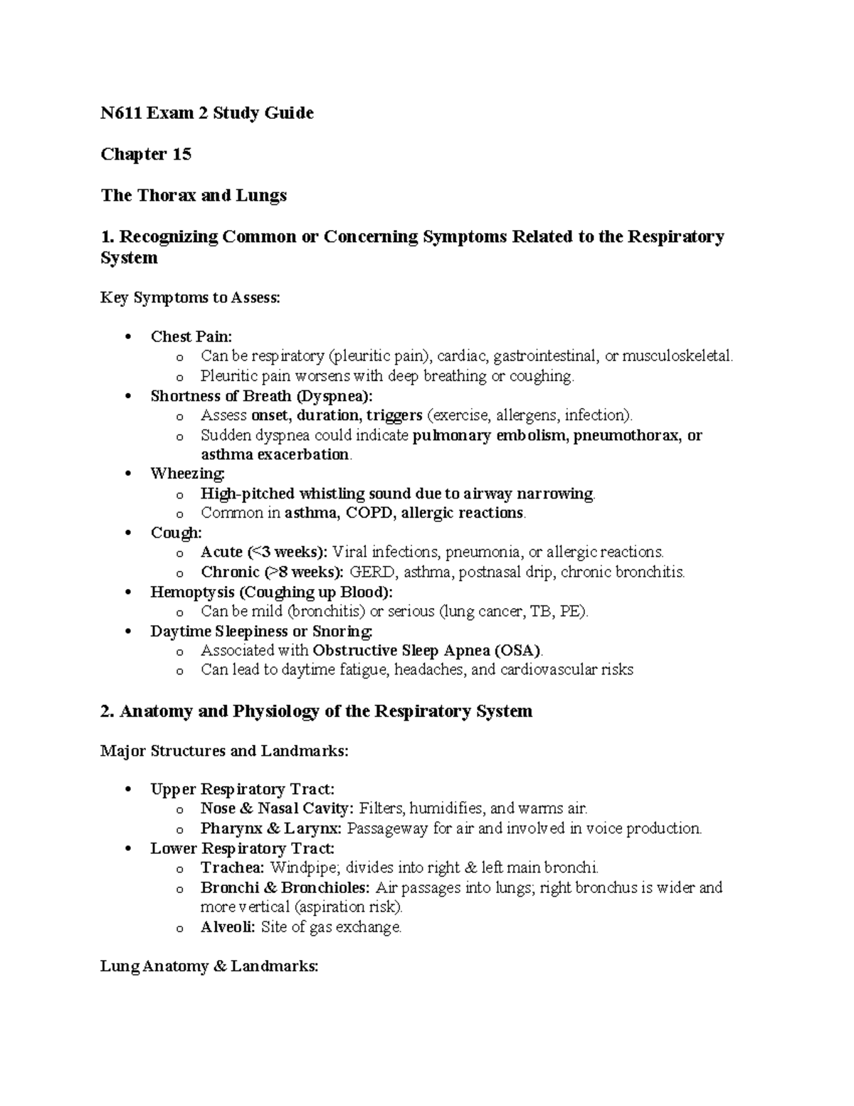 N611 Exam 2 Study Guide: Thorax, Lungs, and Cardiovascular System ...