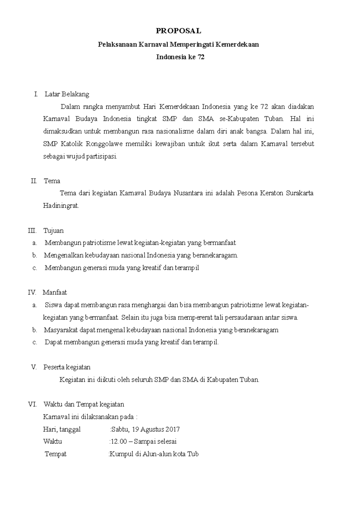 Proposal Kegiatan Karnaval Budaya Indonesia ke-72 SMP/SMA Kabupaten ...