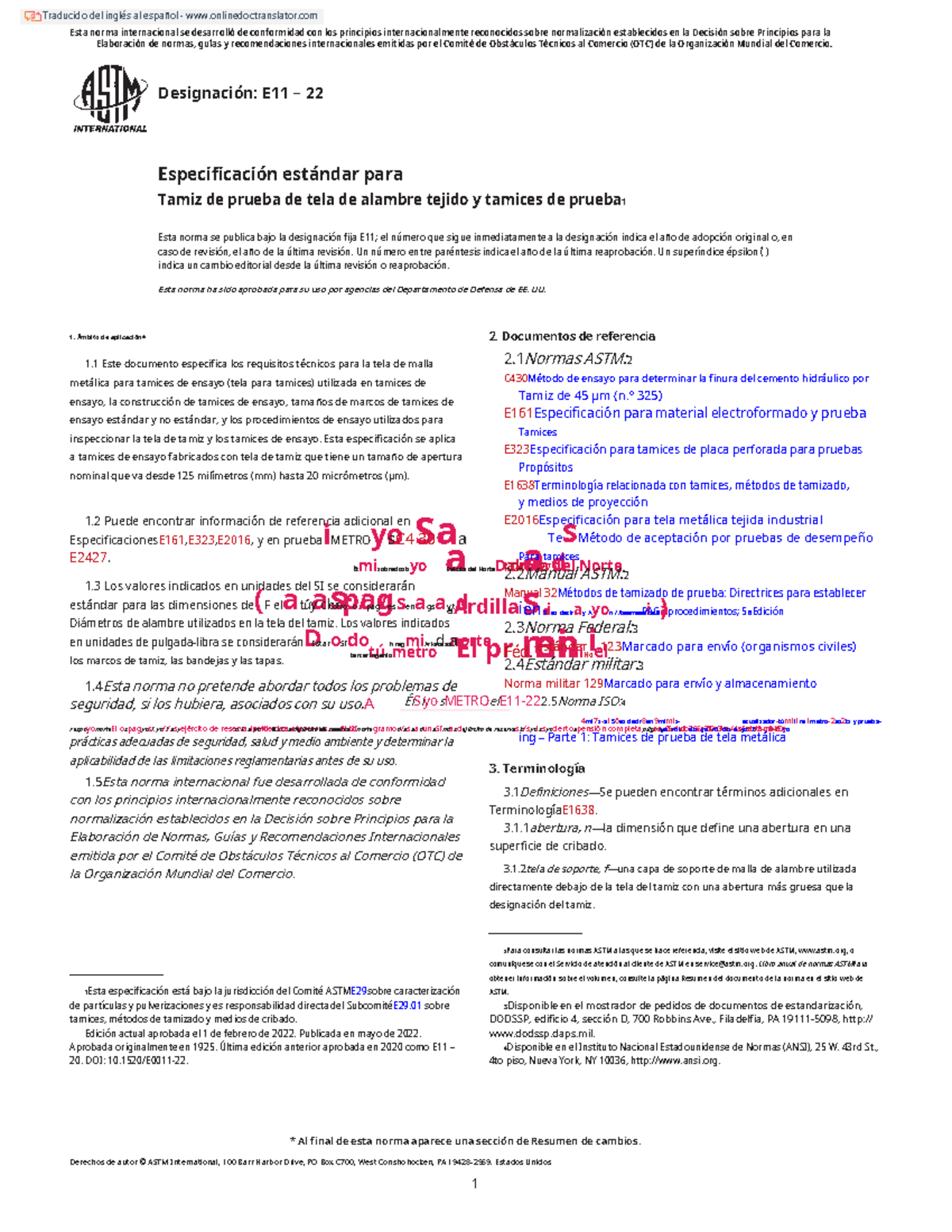 Especificación ASTM E11-22 para Tamices de Prueba de Tela Metálica - Studocu