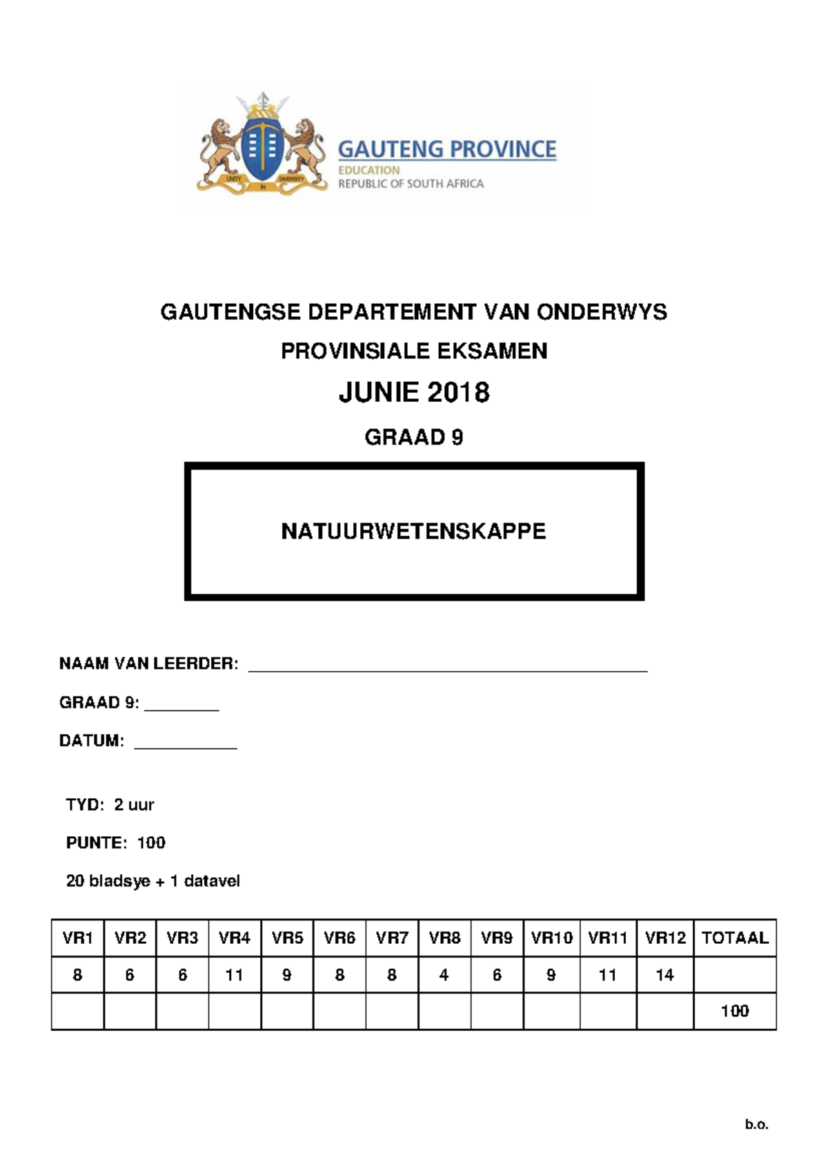 Grade 9 Natural Sciences Provincial Exam Paper - June 2018 - Studocu