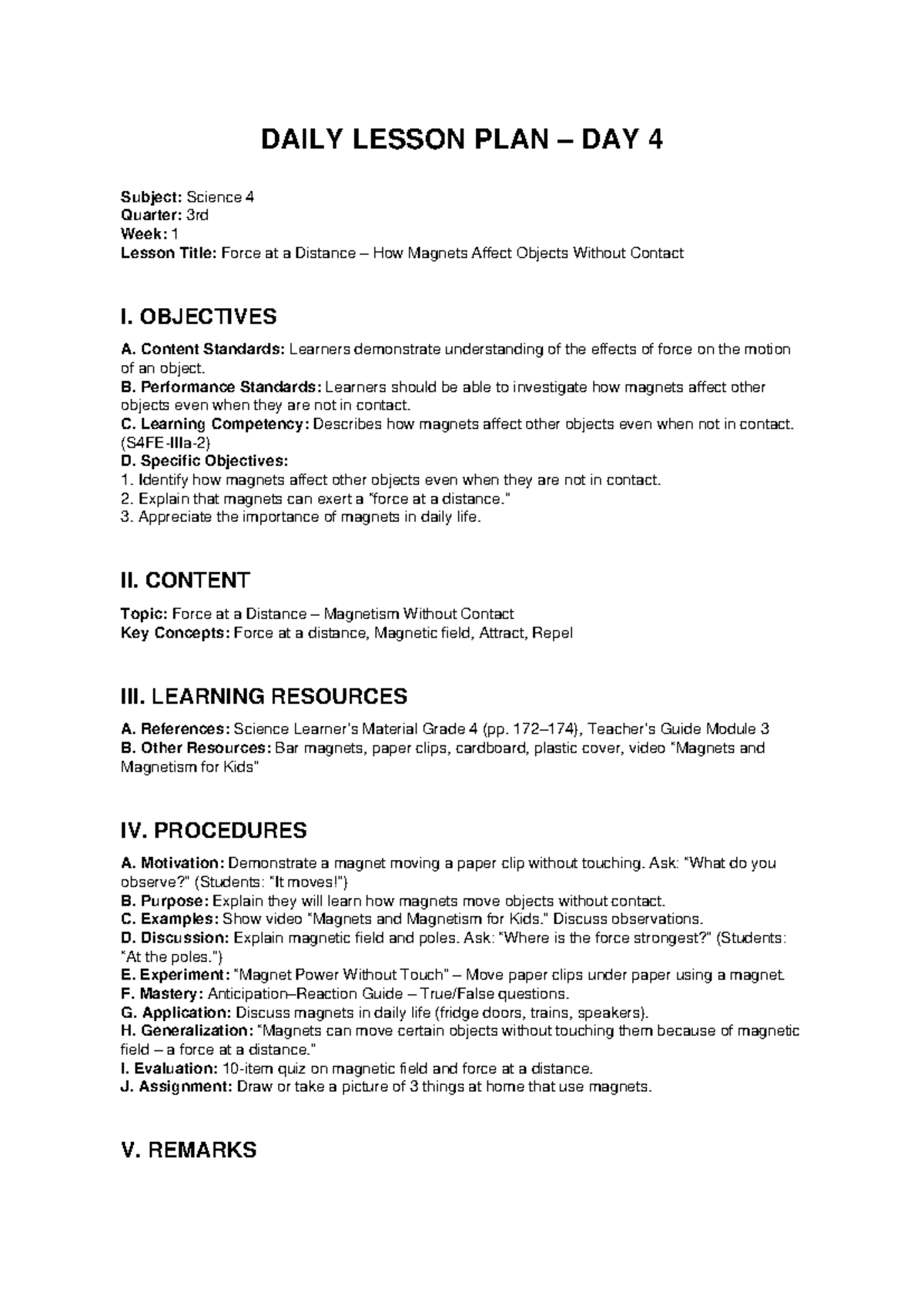 Science 4 Daily Lesson Plan: Force at a Distance & Magnetism - Studocu