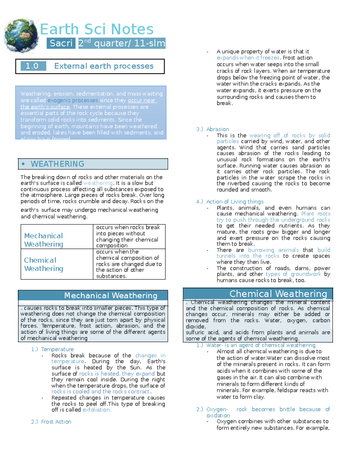 Earth Sci Notes Sacri 2nd Quarter: Exogenic & Endogenic Processes - Studocu