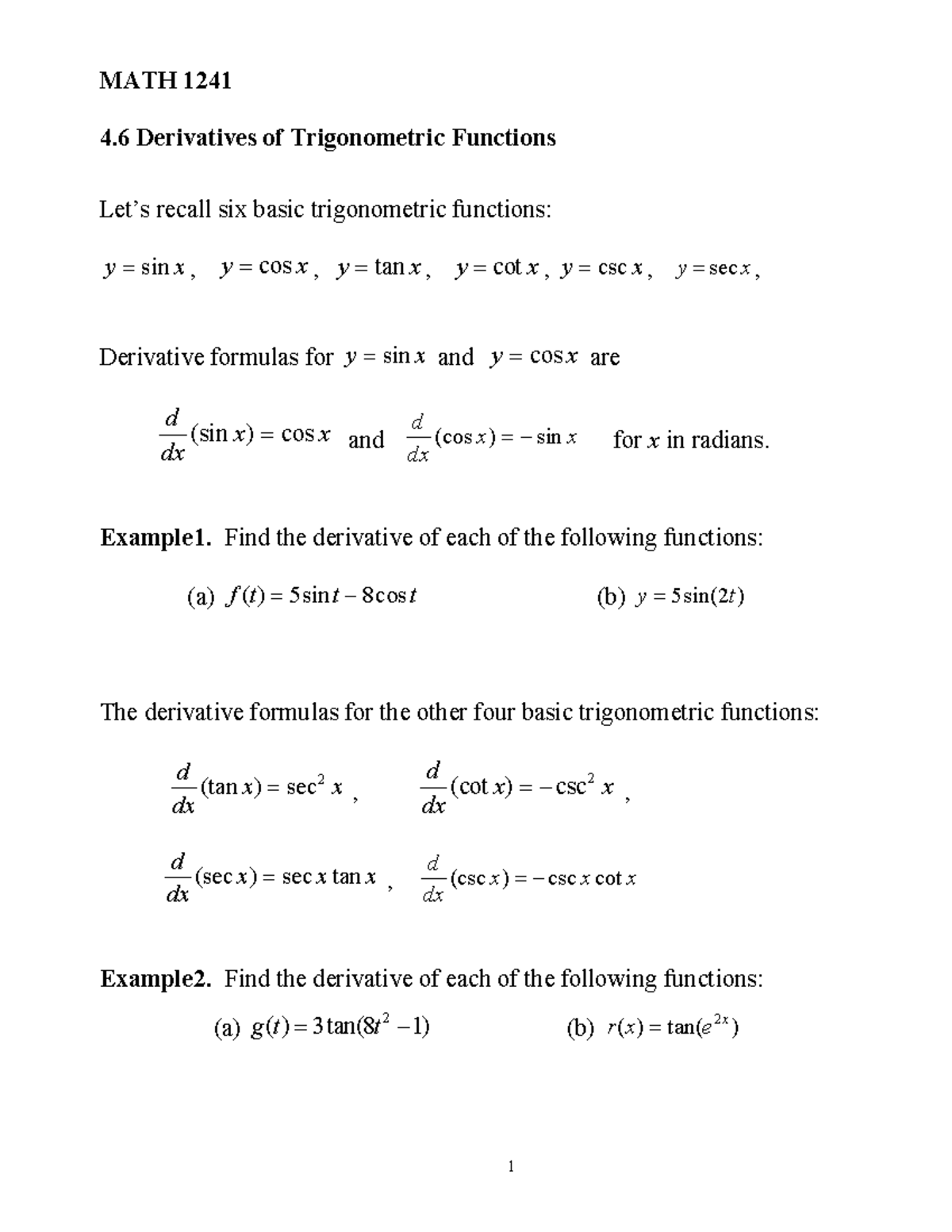 MATH 1241 Final Exam: Derivatives of Trigonometric Functions - Studocu