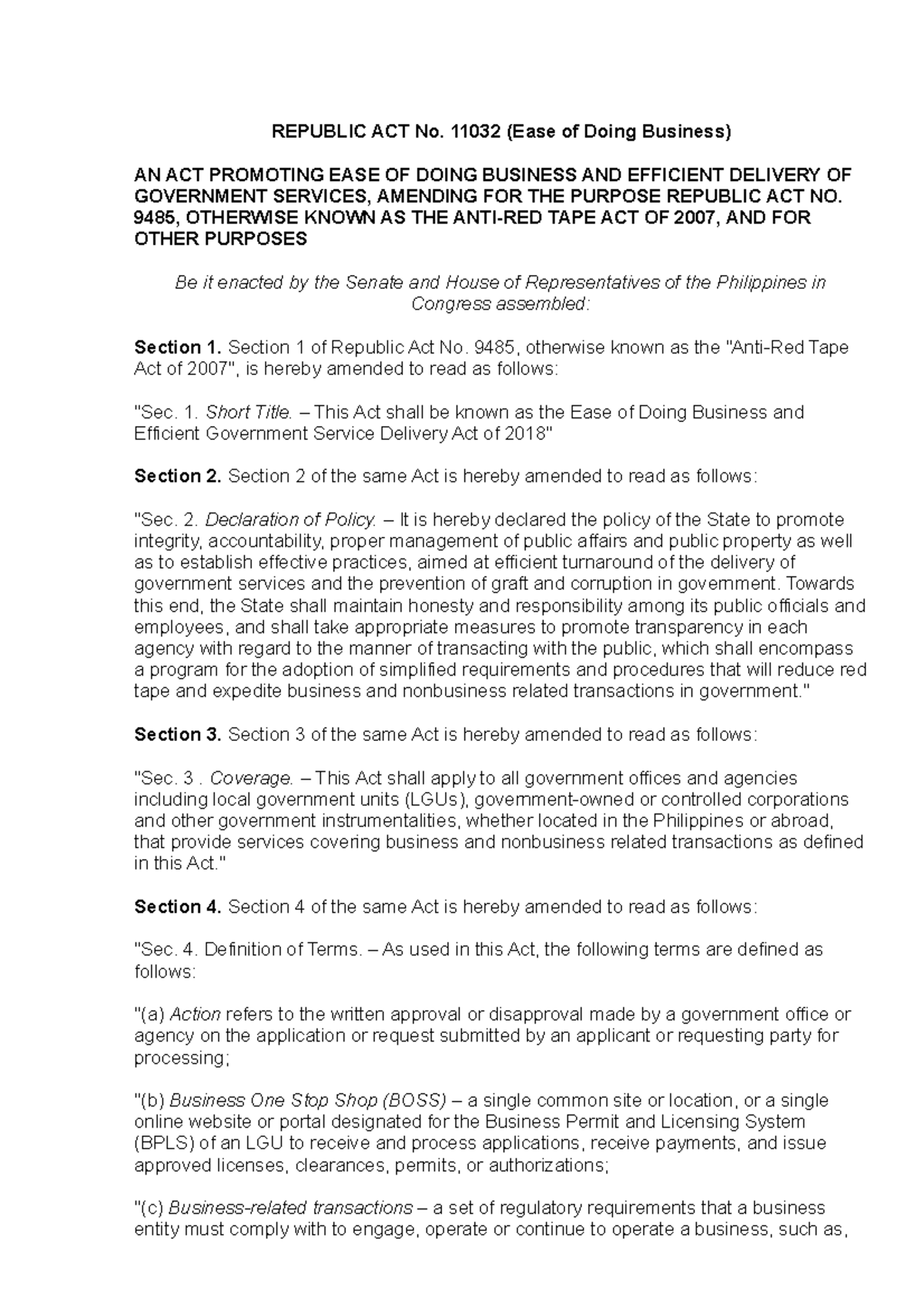 Notes 39- RA.11032 Ease in Doing Business - REPUBLIC ACT No. 11032 ...