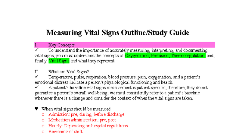 Vital Signs Measurement Guide: Key Concepts & Techniques (1.1) - Studocu
