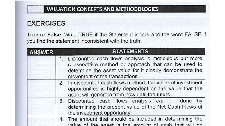 VALUATION CONCEPTS AND METHODOLOGIES EXERCISES: True or False Analysis - Studocu