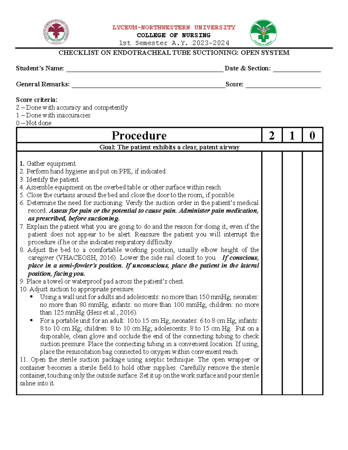 Checklist on Endotracheal Tube Suctioning - Nursing 7693 1st Sem 2023 ...