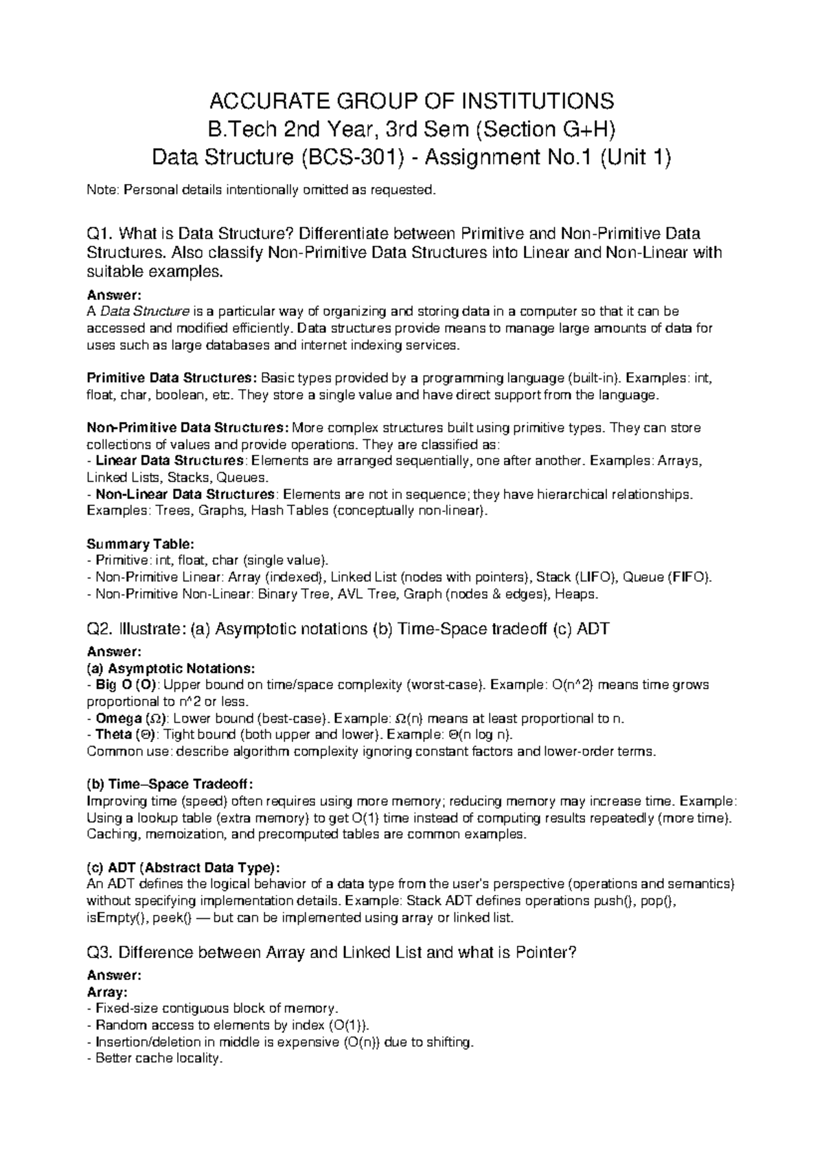 DSA Assignment Unit 1: Data Structures Overview and Concepts - Studocu