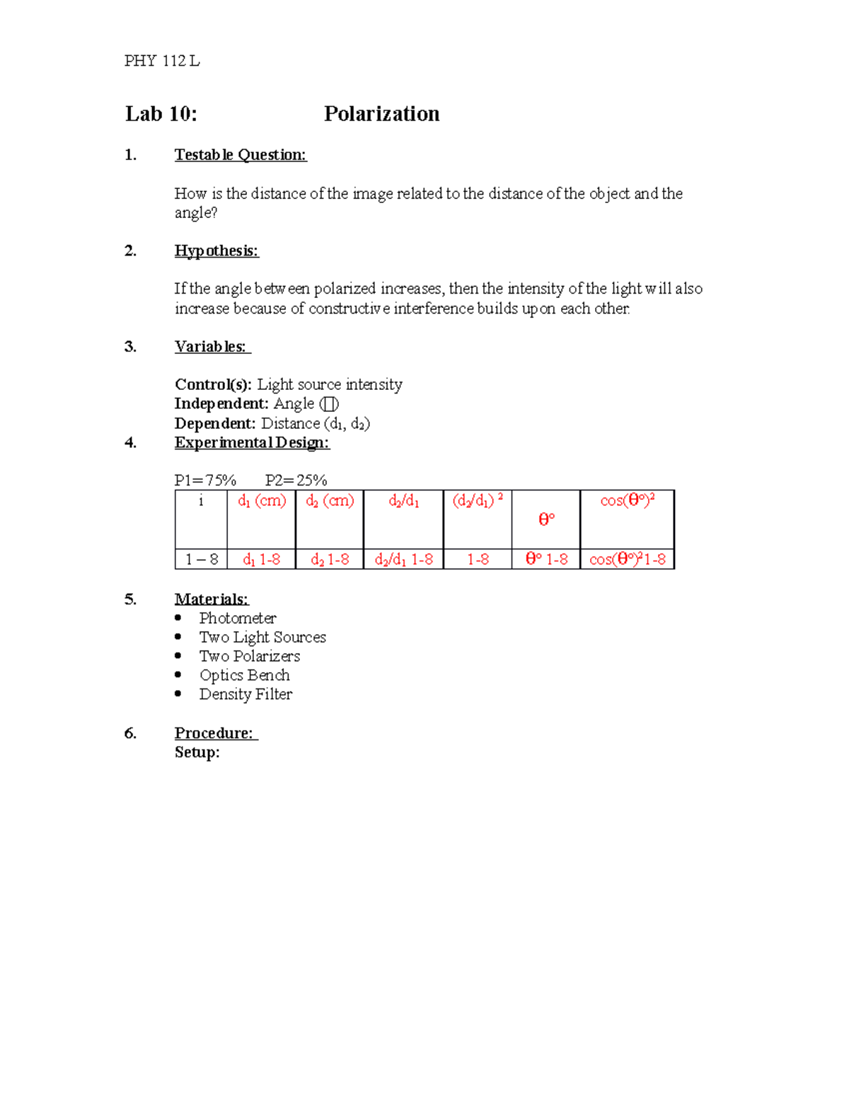 PHY 112 Lab Report: Analysis of Polarization in Light Experiments - Studocu