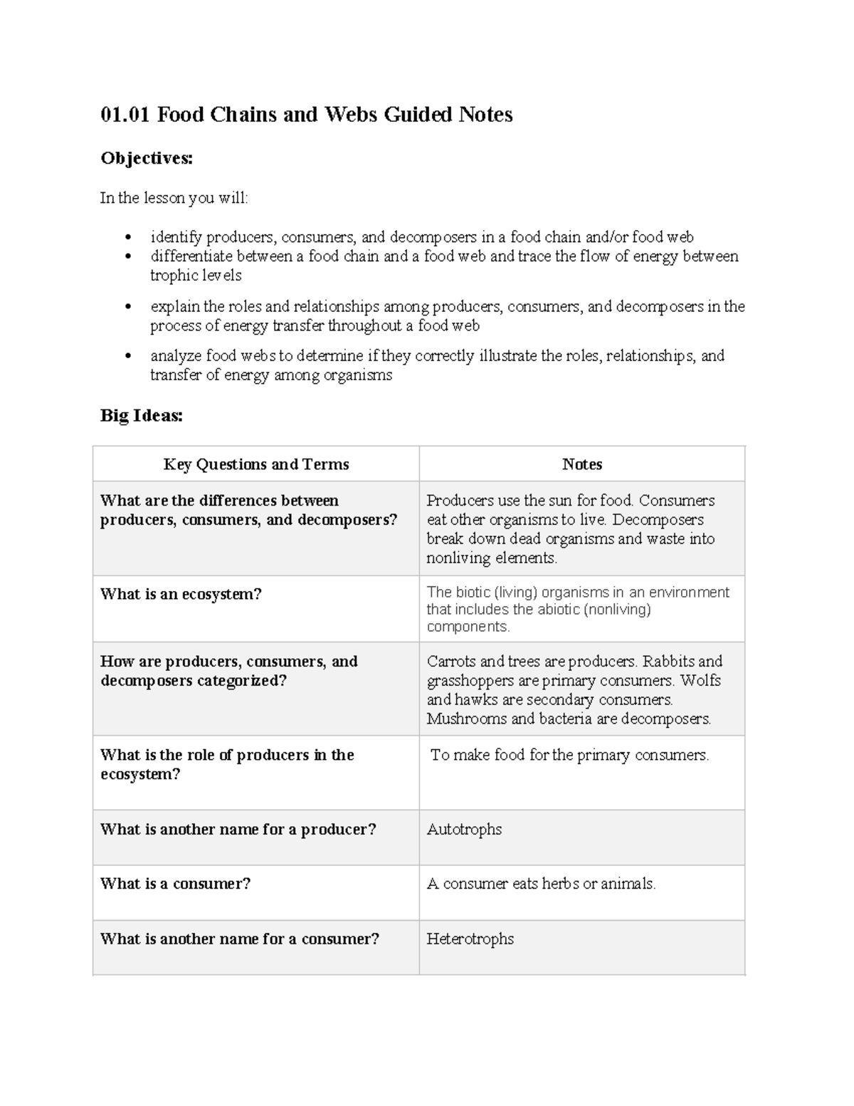 01 Food Chains and Webs Guided Notes SC - 1.01 - Studocu