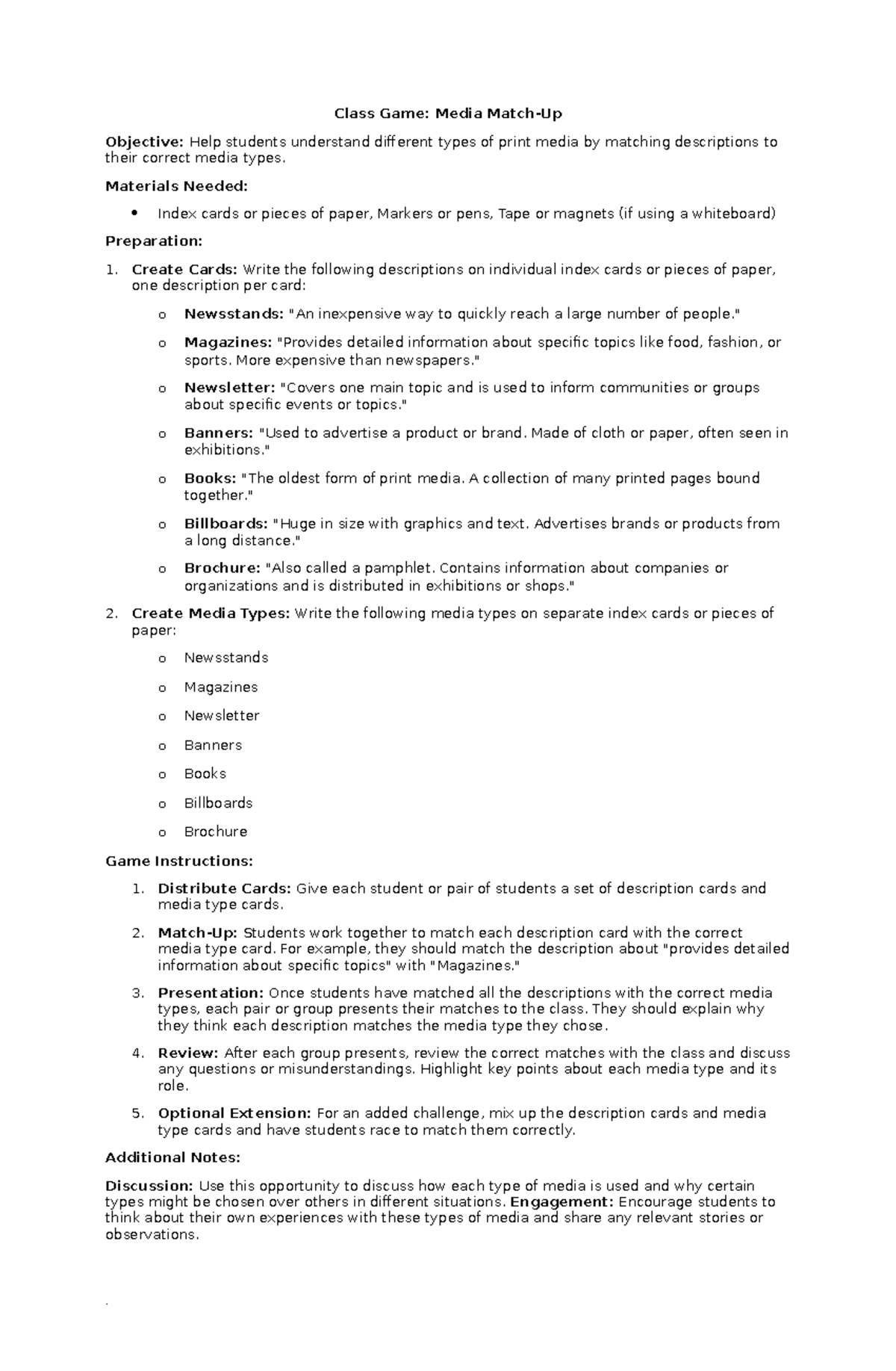 Print Media Activity: Understanding Media Types Through Matching Game ...