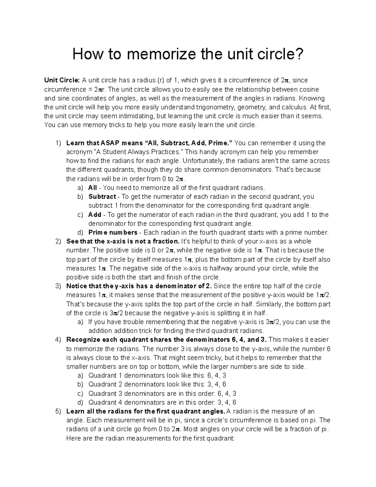 Tips and Tricks to Memorize the Unit Circle - How to memorize the unit ...