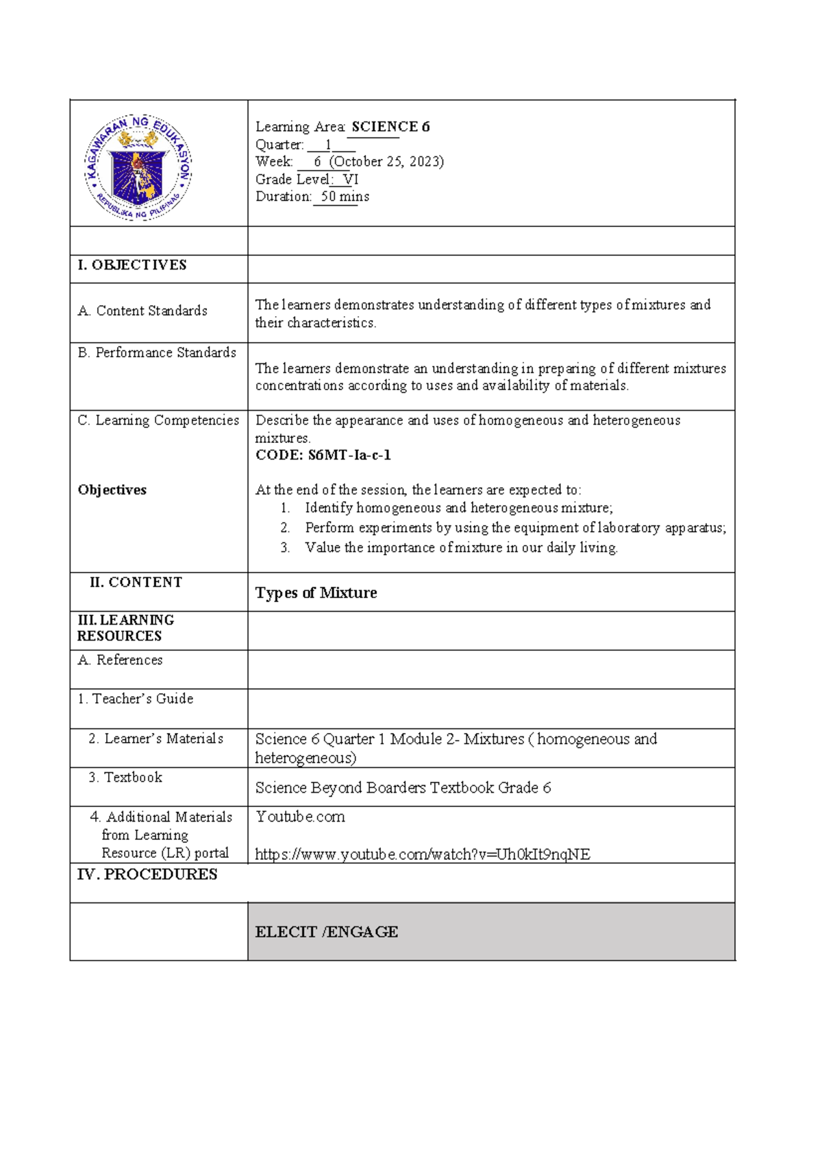 Lesson Plan: Exploring Mixtures in SCIENCE 6 (COT - Quarter 1) - Studocu