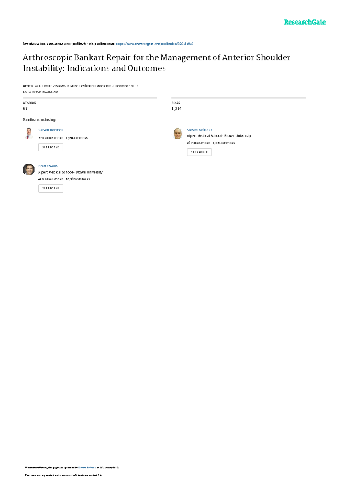 Arthroscopic Bankart Repair for Anterior Shoulder Instability ...