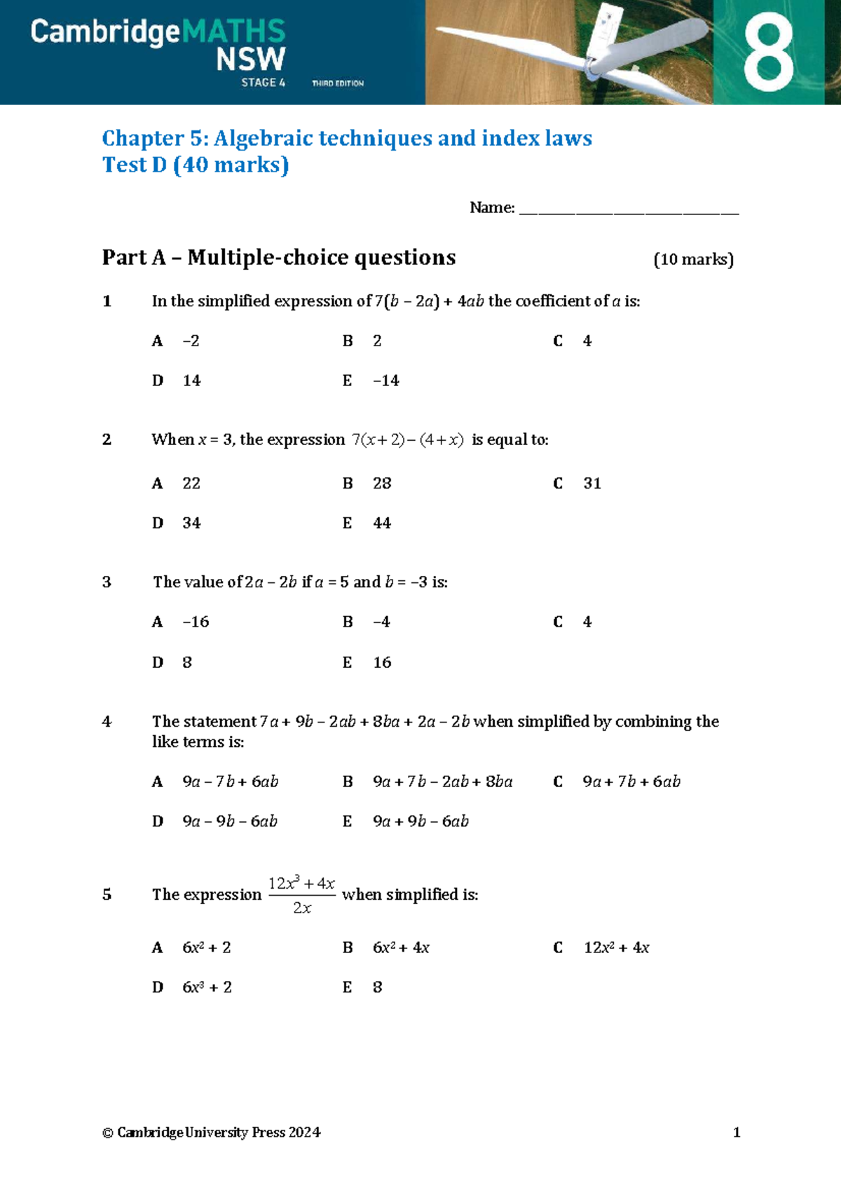 Chapter 5: Algebraic Techniques & Index Laws Test D (40 Marks) - Studocu