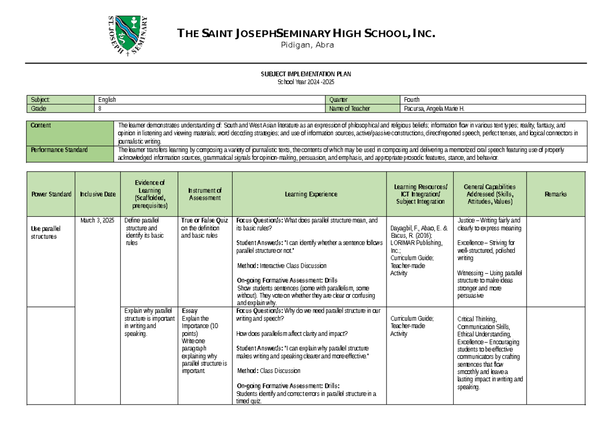 English 8 Subject Implementation Plan for Quarter Four 2024 - Studocu