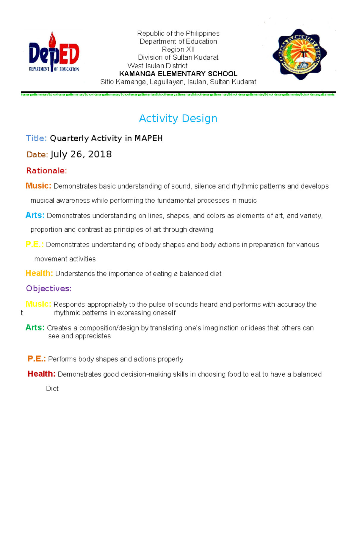 Activity Design in MAPEH (Quarterly) - Kamanga Elementary School - Studocu