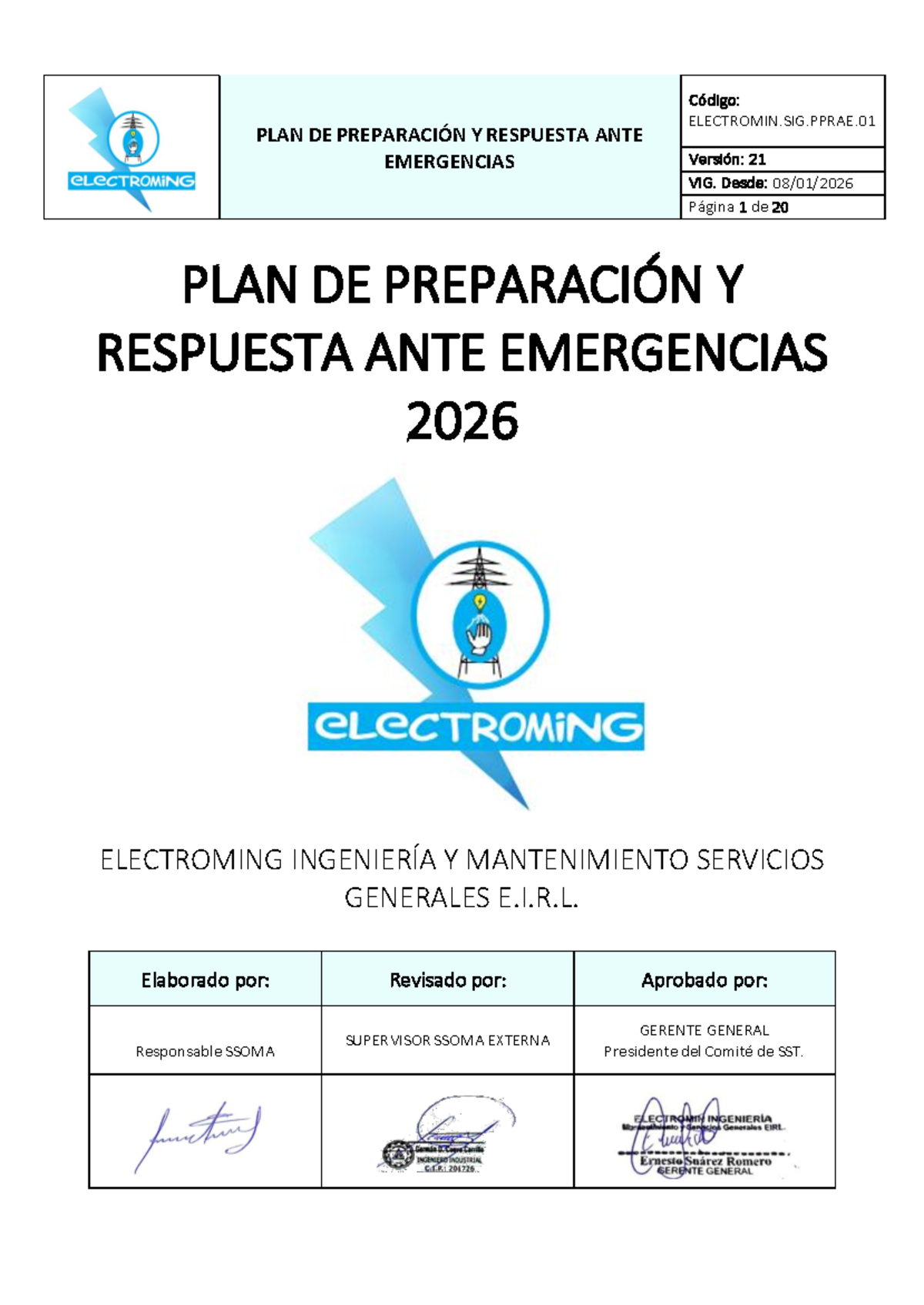 PLAN DE PREPARACIÓN Y RESPUESTA ANTE EMERGENCIAS 2026 - ELECTROMIN.SIG ...