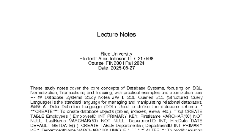 FIN200 Fall 2024: Database Systems Lecture Notes - Studocu
