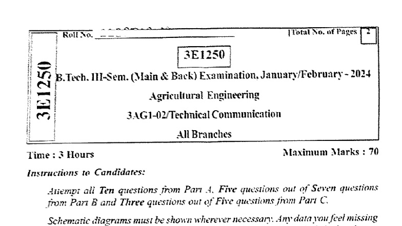 BTech 3 Sem Technical Communication Exam 3E1250 Feb 2024 - Studocu
