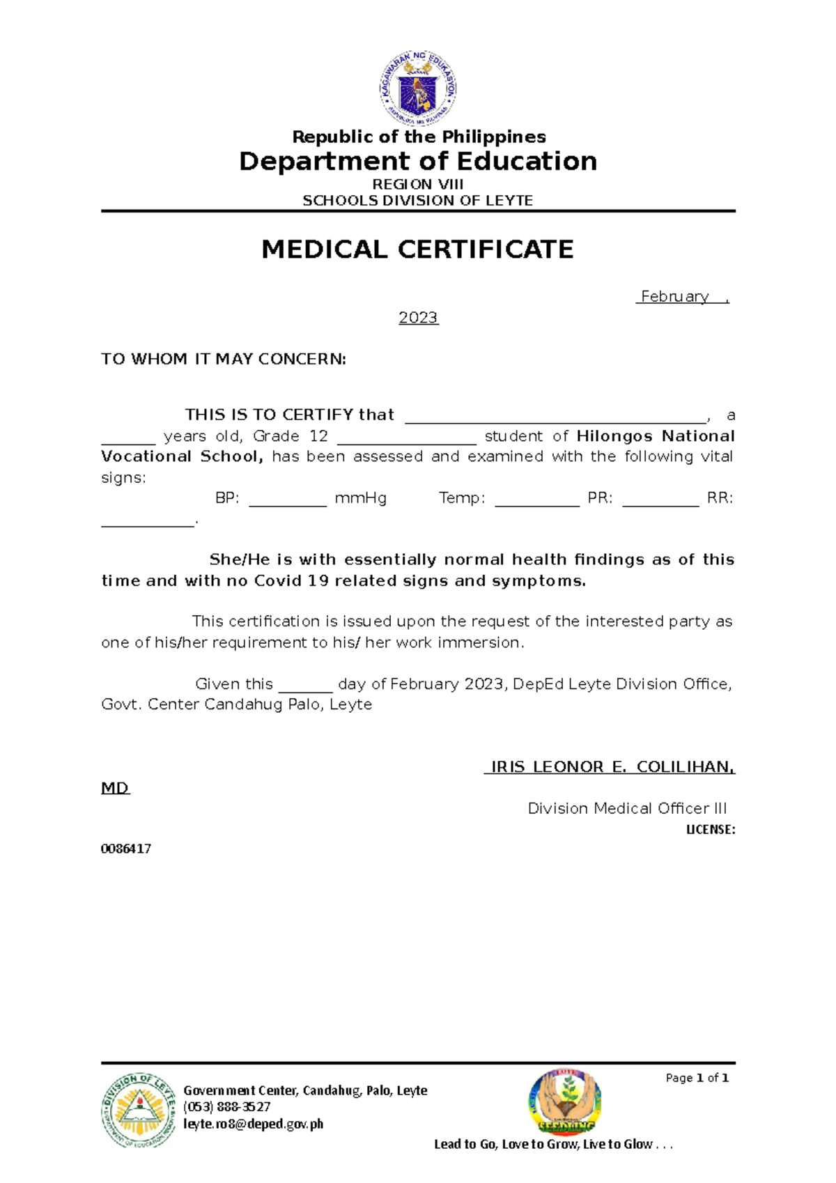 Medical certificate work immersion 1 - Republic of the Philippines ...