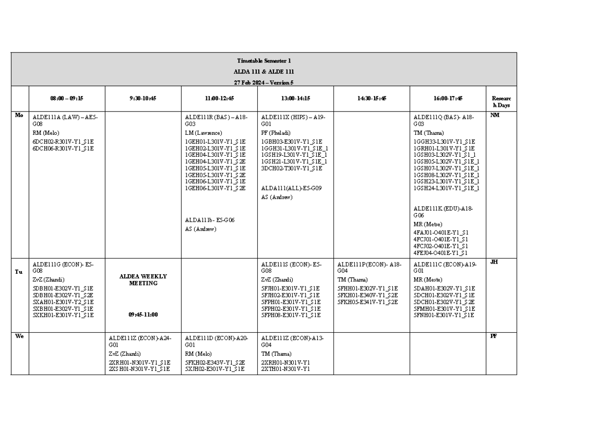 Timetable Semester 1 With Programmes 2 - Timetable Semester 1 ALDA 111 ...