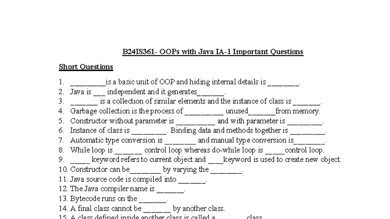IA1 - OOPs with Java: Important Short & Descriptive Questions - Studocu