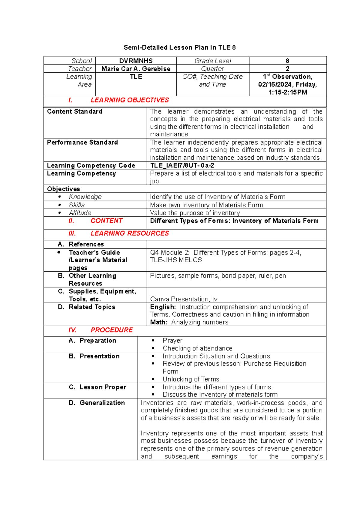 COT-1-LP - Semi-Detailed Lesson Plan for TLE 8: Inventory Forms - Studocu