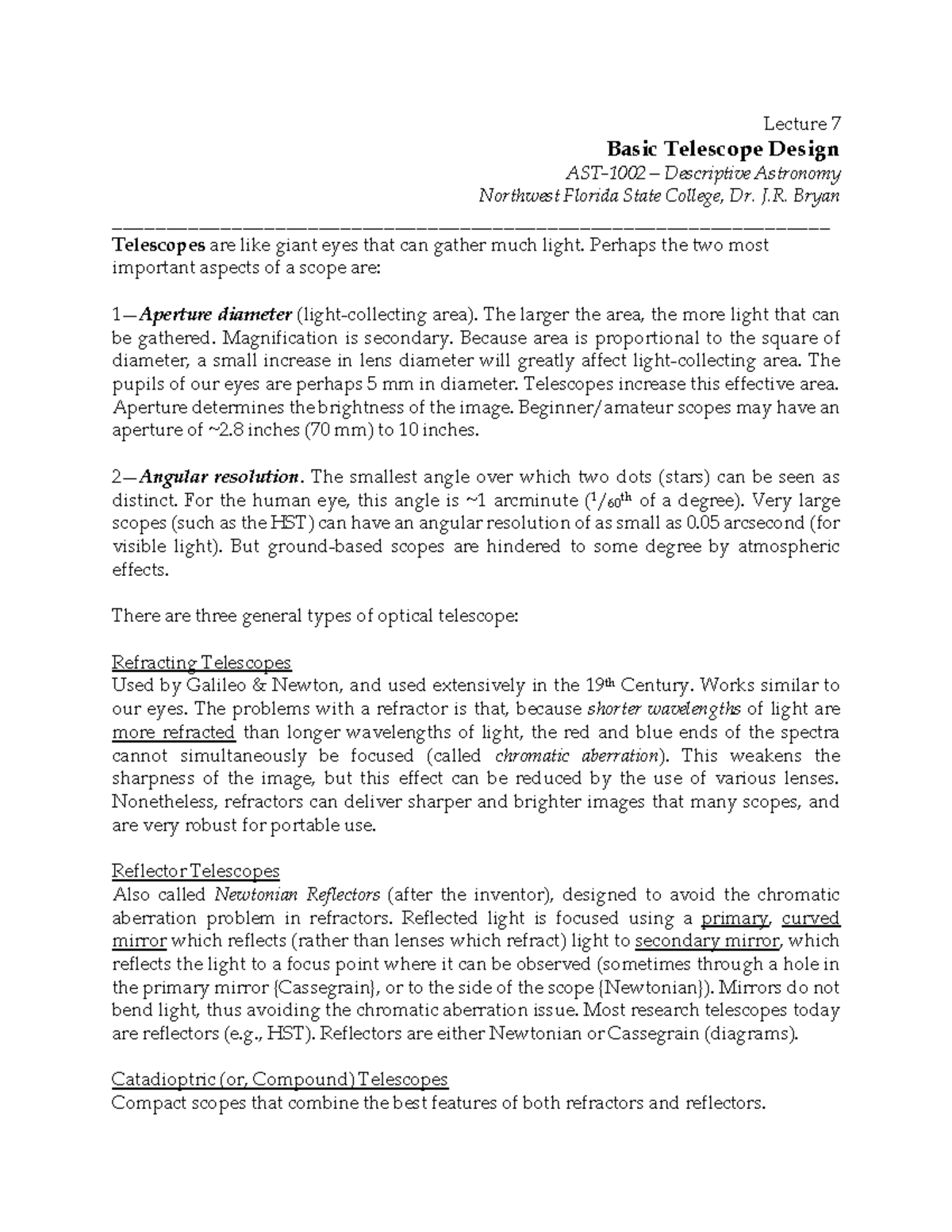 Lecture 7: Basic Telescope Design - AST-1002 Descriptive Astronomy ...