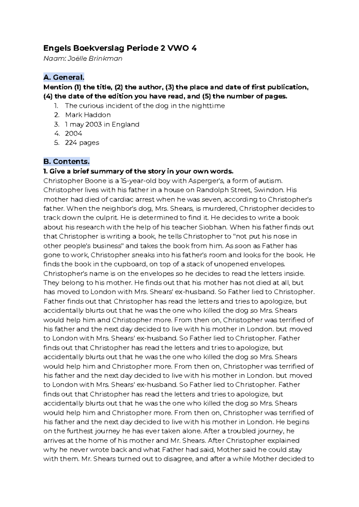 Engels Boekverslag: The Curious Incident of the Dog in the Nighttime ...