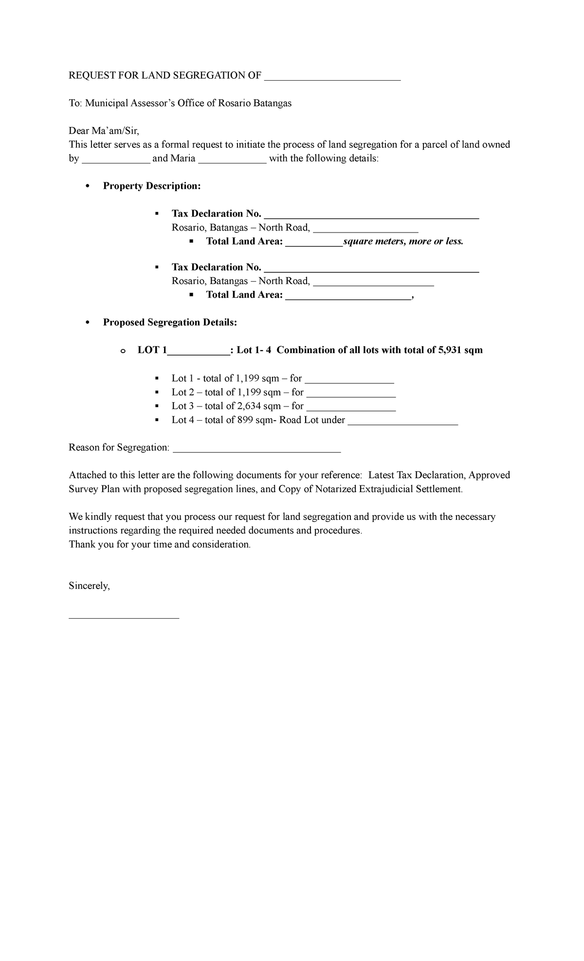 Request for Land Segregation - Rosario, Batangas - Studocu