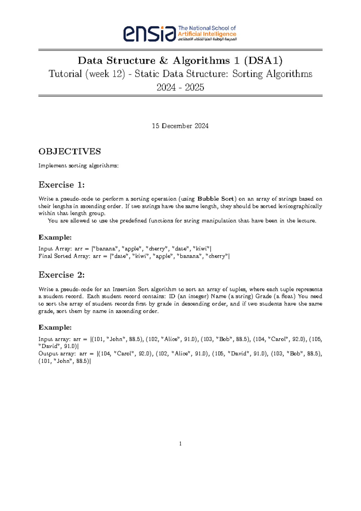 Tutorial week12 - exercices - Data Structure & Algorithms 1 (DSA1 ...