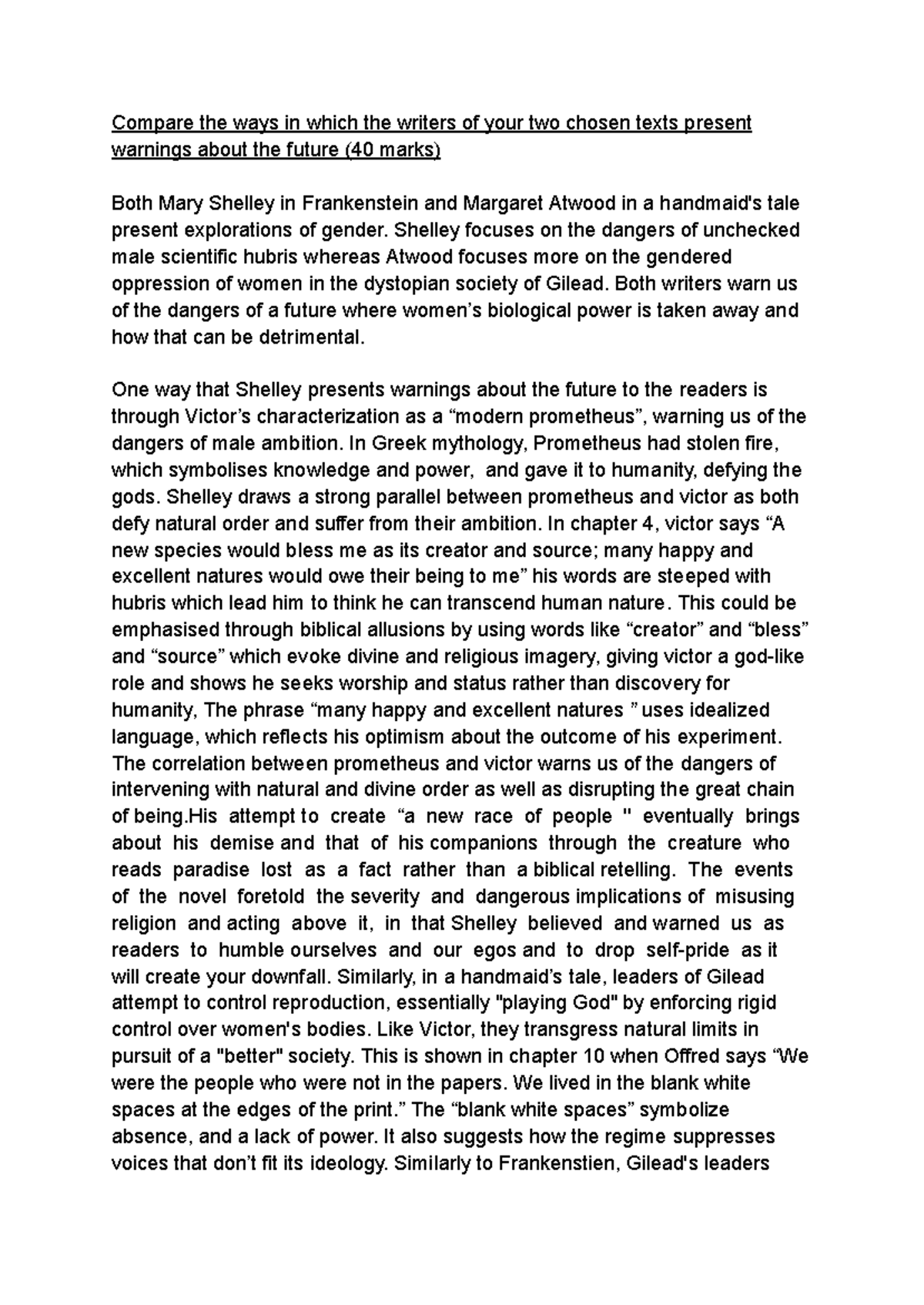 Comparative Analysis of Future Warnings in Frankenstein & A Handmaid's ...