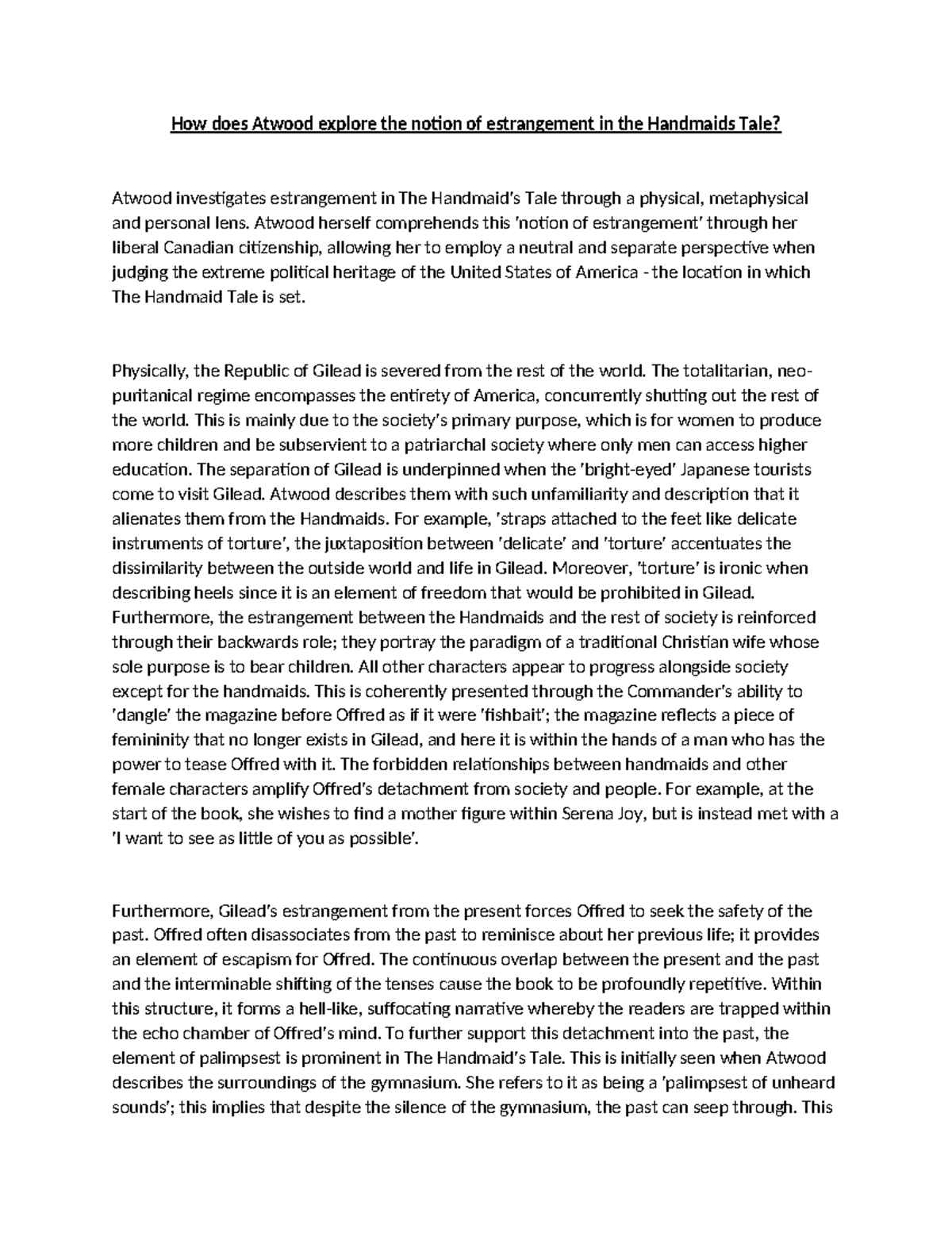 Atwood's Exploration of Estrangement in The Handmaid's Tale: An ...