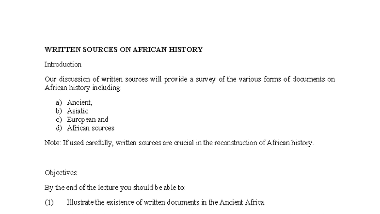 African History Written Sources: Lecture Notes (HIST 101) - Studocu