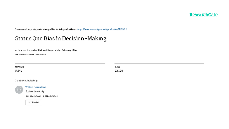 Status Quo Bias in Decision Making - Samuelson & Zeckhauser (1988 ...