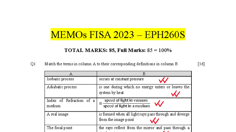 2023 EPH260S FISA Final Memo - Total Marks: 85 - Studocu