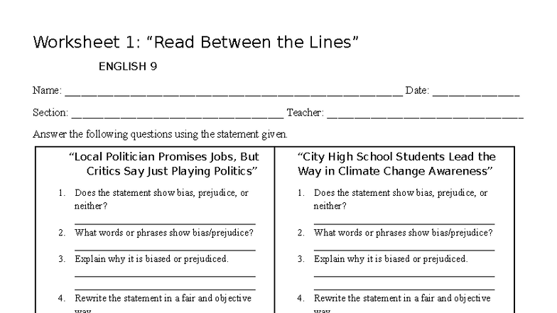 ENGLISH 9 Worksheet 1: Analyzing Bias in Statements - Studocu