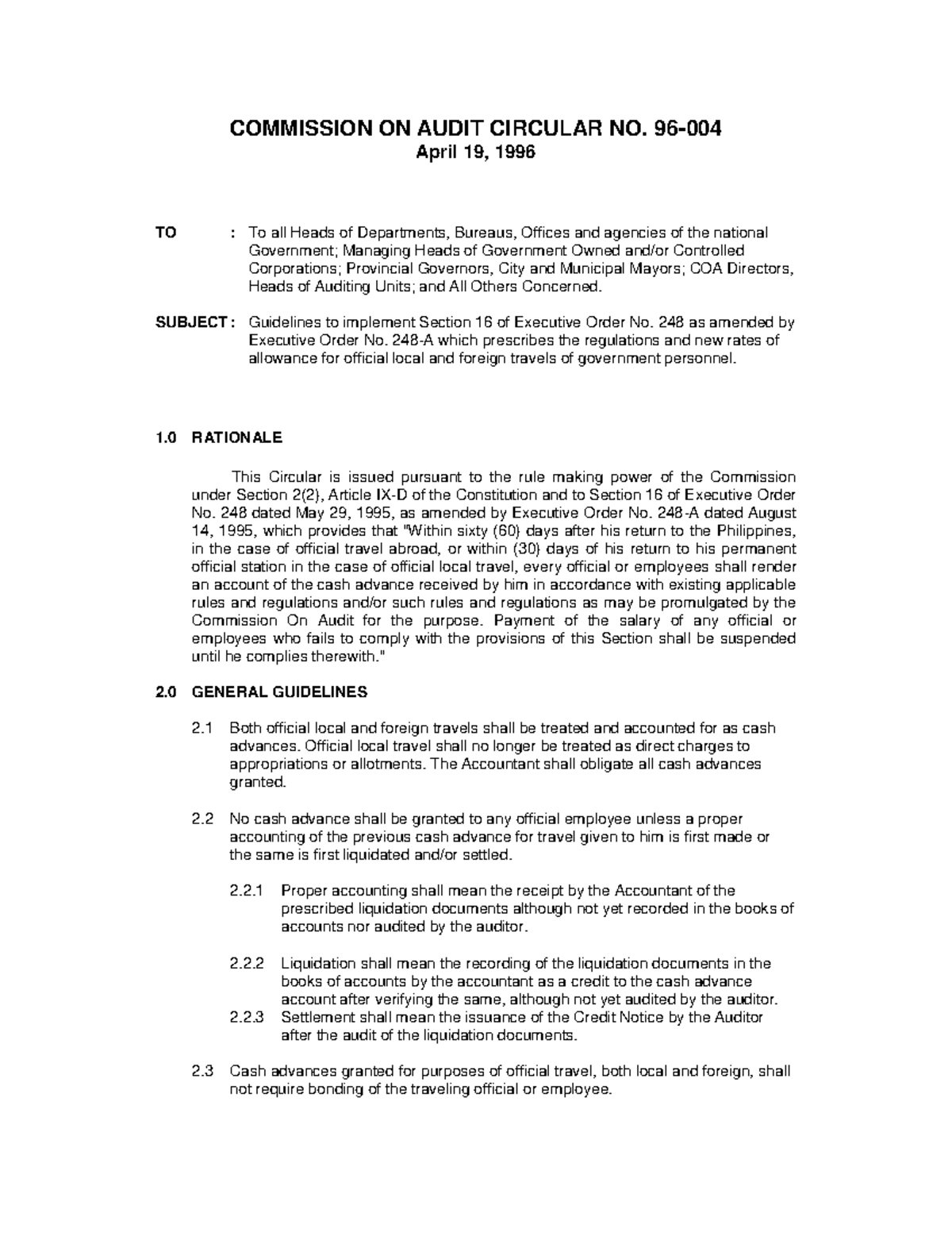 COA Circular No. 1996: Guidelines for Official Travel Allowances - Studocu