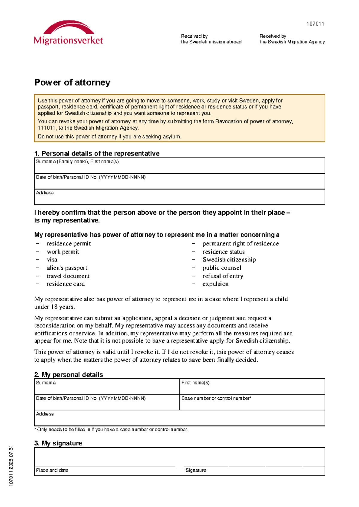 107011 Power of Attorney Form for Swedish Migration Agency - Studocu