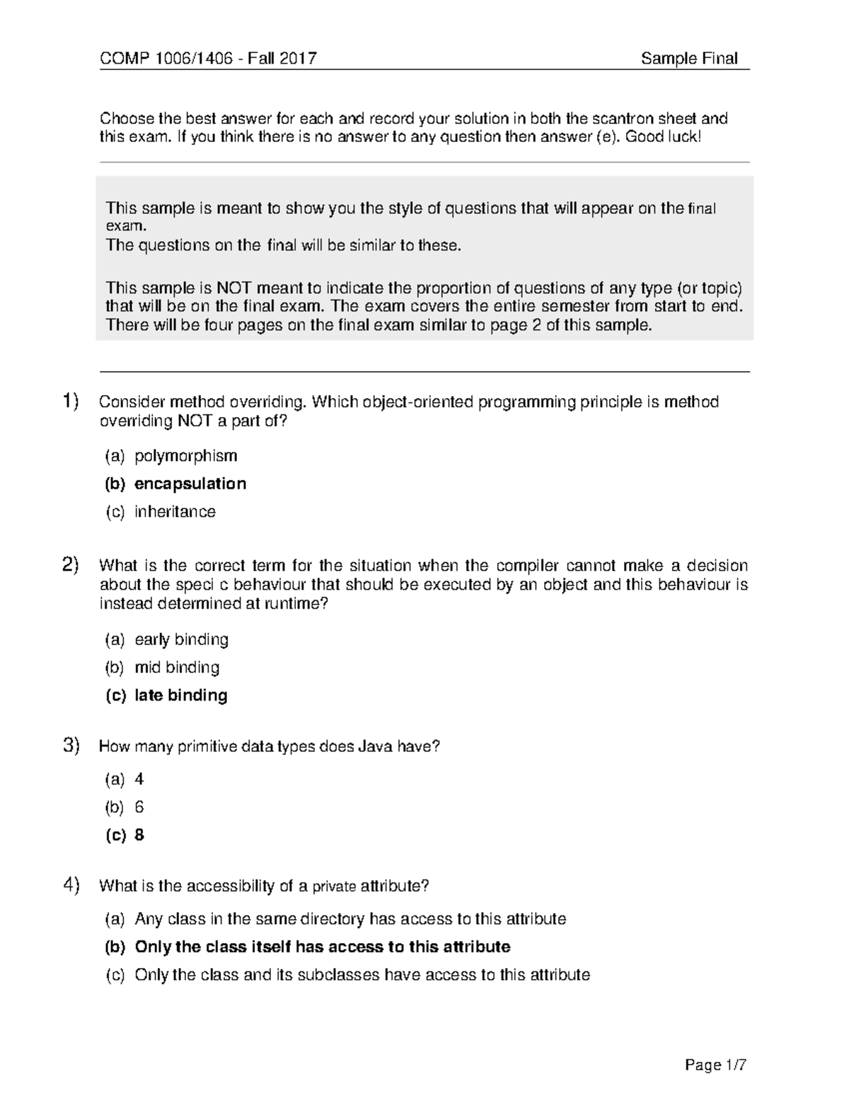 Final Exam 20 June Fall 2017, questions and answers - COMP 1006/1406 ...