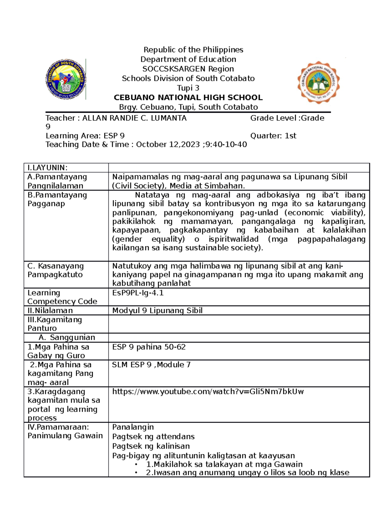 Q1 ESP 9 - Lesson Plan on Civil Society and Community Engagement - Studocu