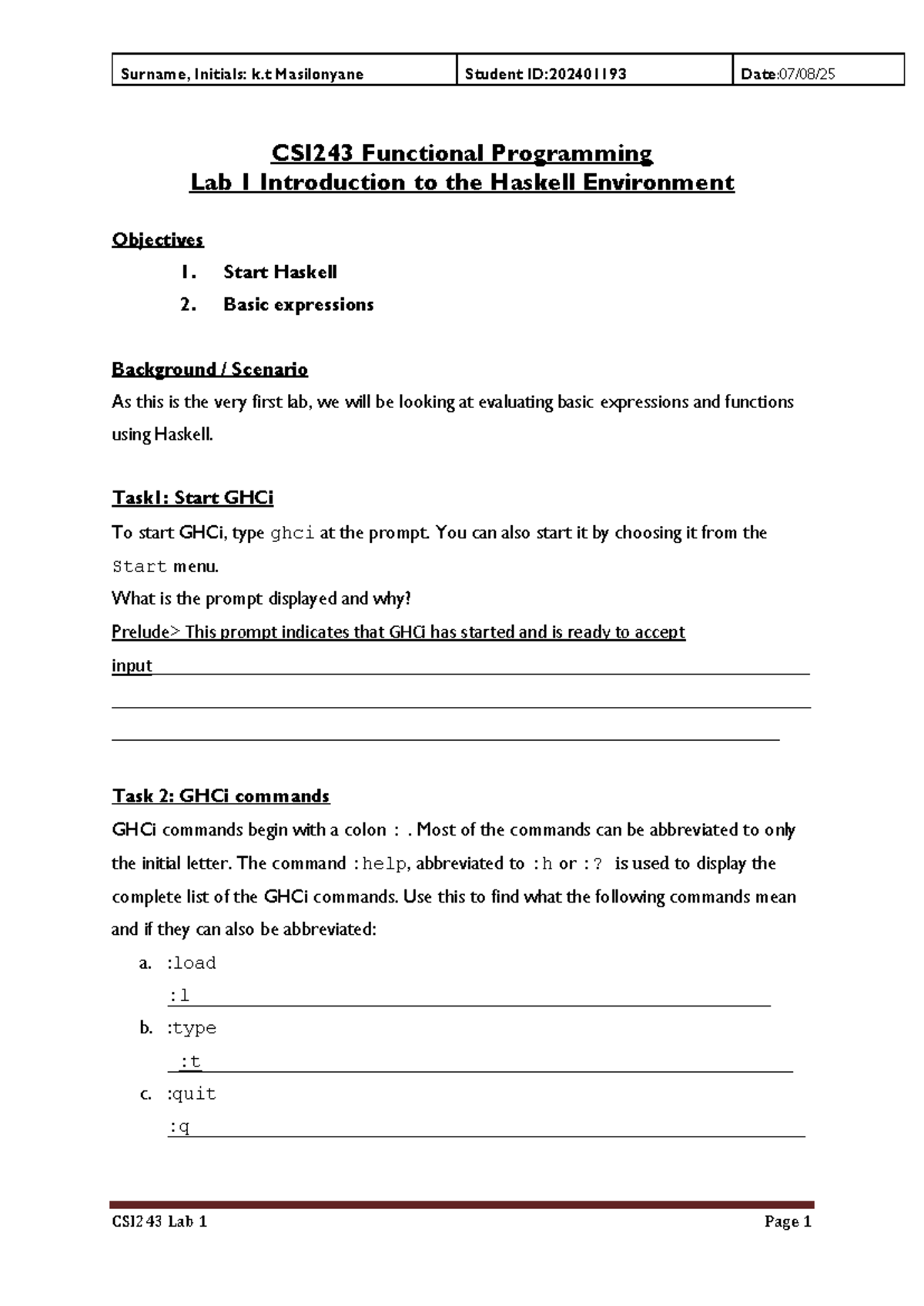 CSI243 Functional Programming Lab 1: Haskell Environment Intro - Studocu