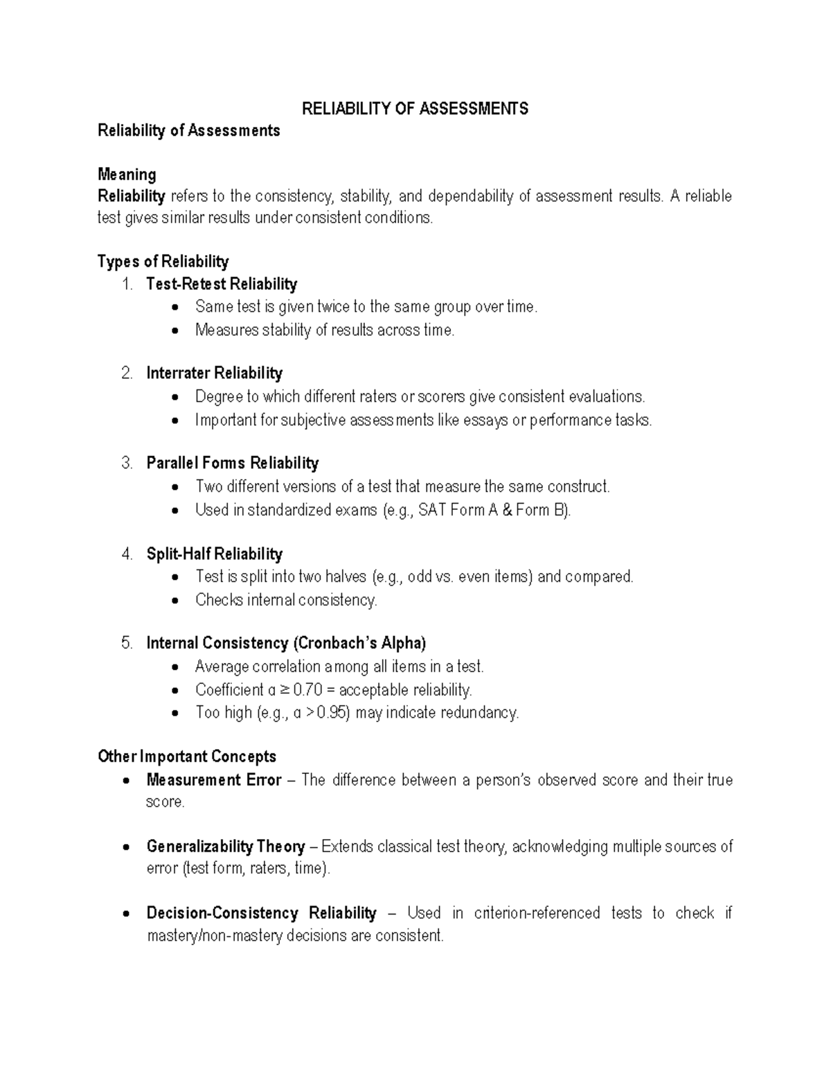 RELIABILITY OF ASSESSMENTS: Key Concepts and Types - Studocu