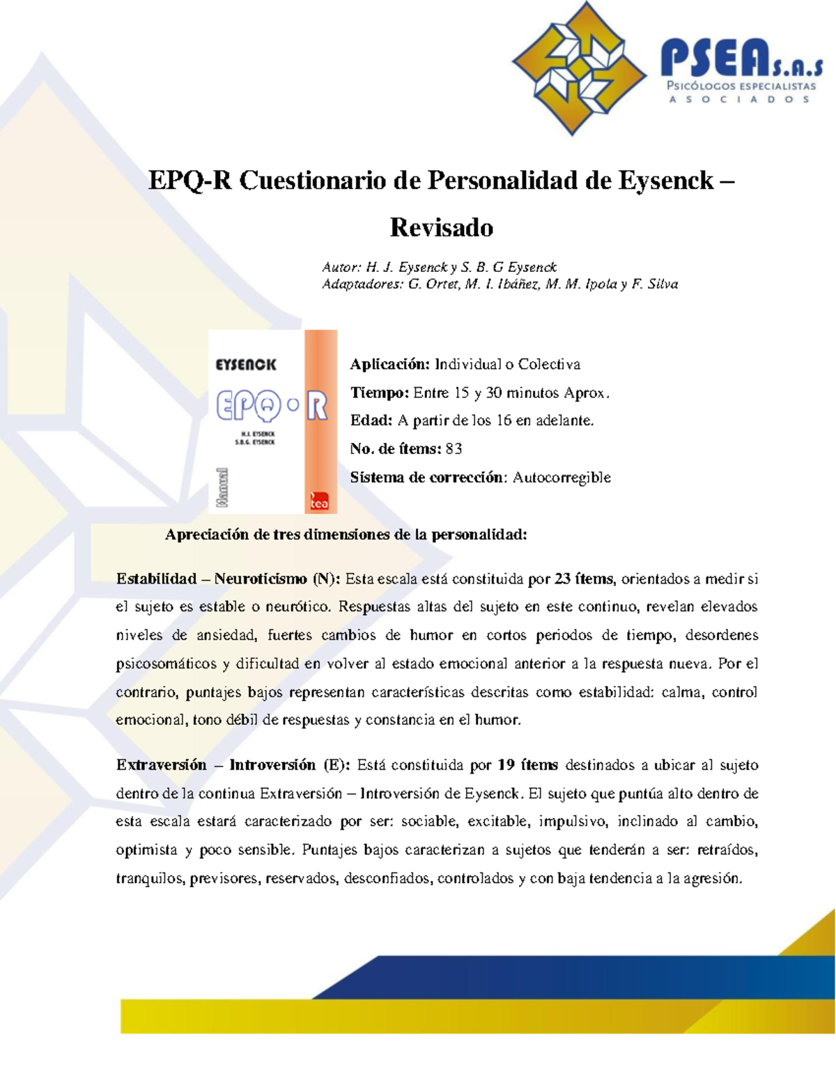 Test del Manual EPQ R - Personalidad - EPQ-R Cuestionario de ...